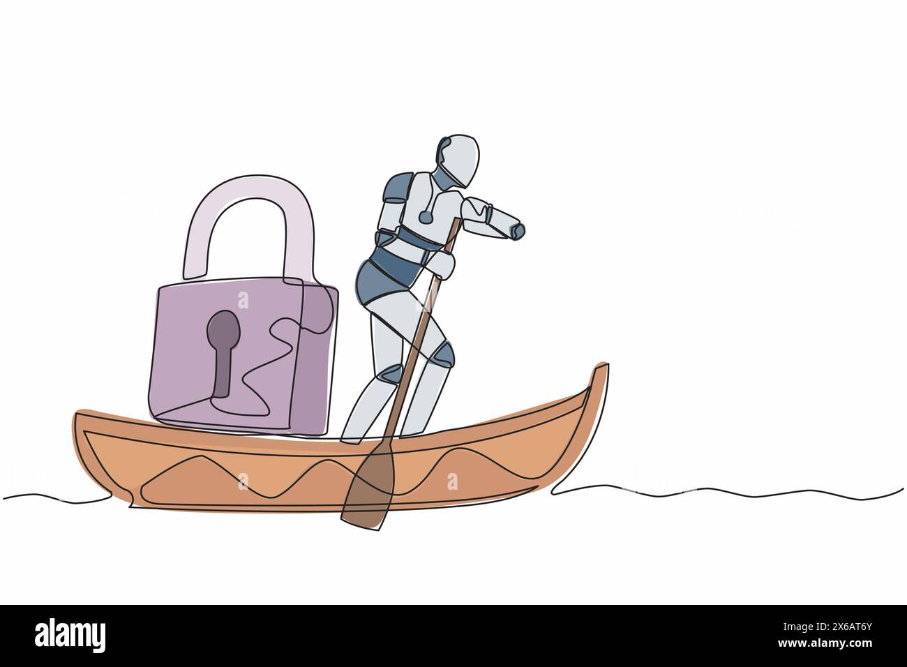 Single one line drawing robot sailing away on boat with padlock. Security and shipping business ...