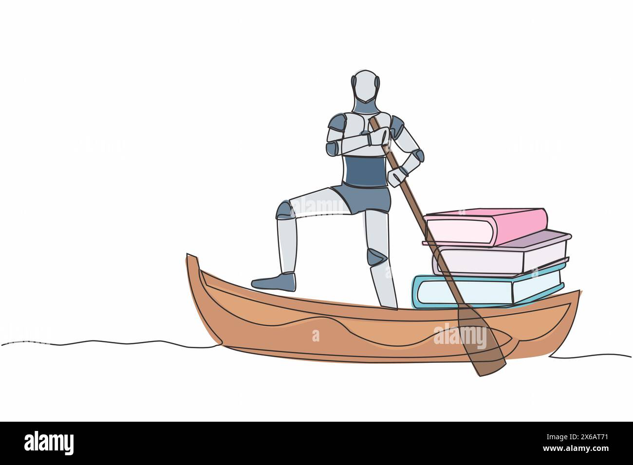 Single one line drawing robot sailing away on boat with pile of books ...