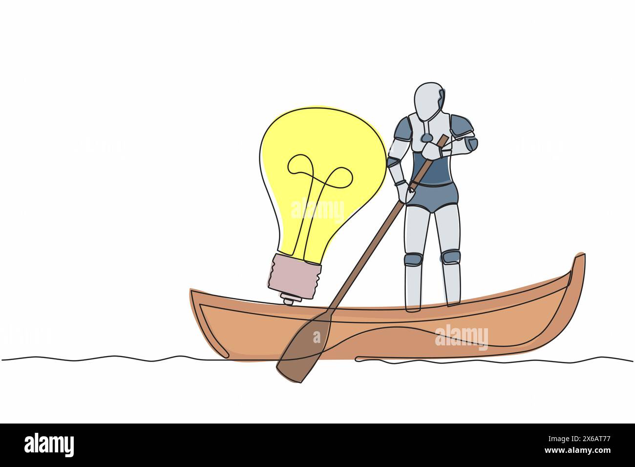 Continuous one line drawing robot sailing away on boat with light bulb ...