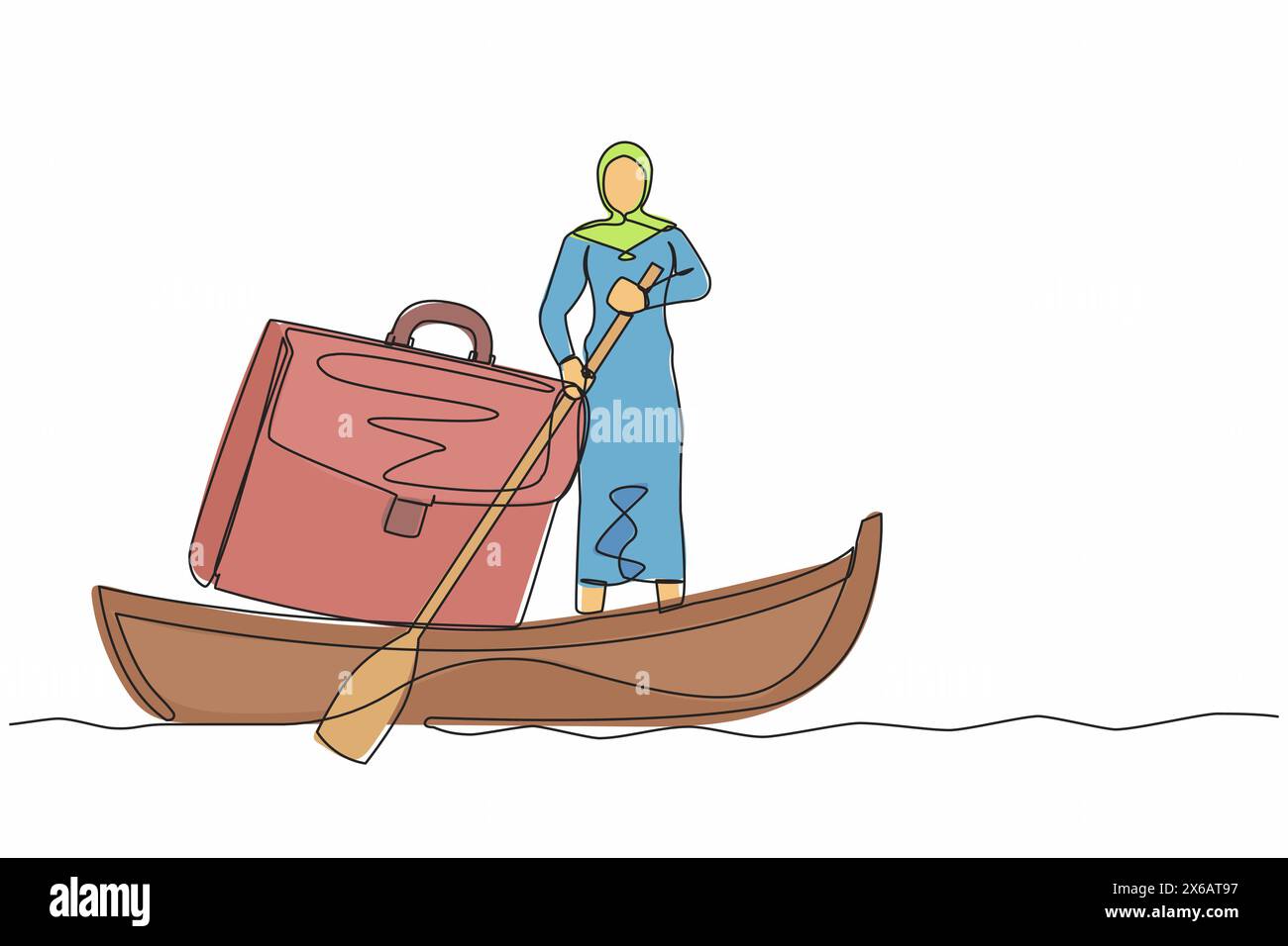 Single continuous line drawing Arab businesswoman standing in boat and ...