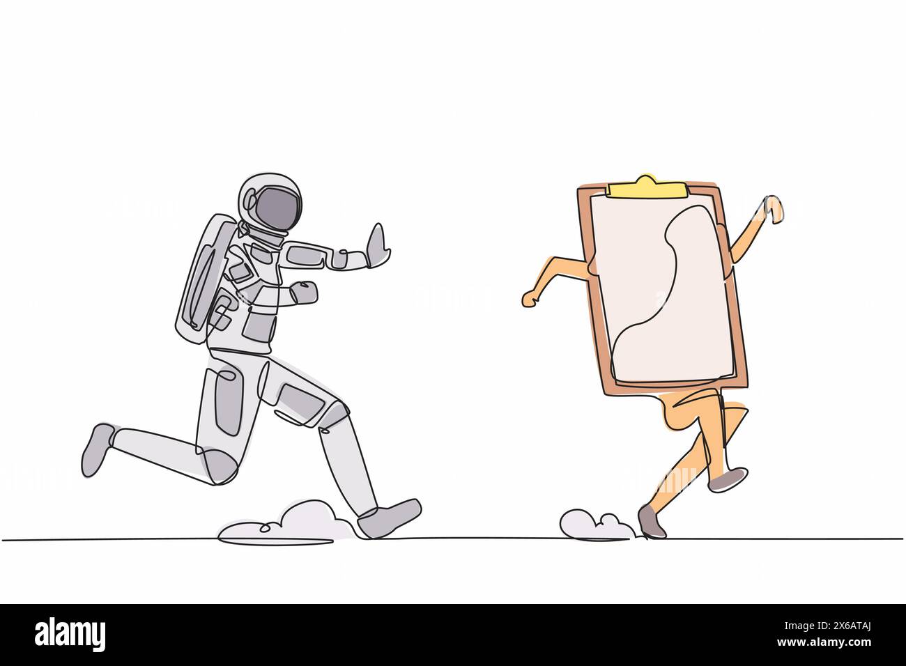 Continuous one line drawing of young astronaut chasing clipboard in ...