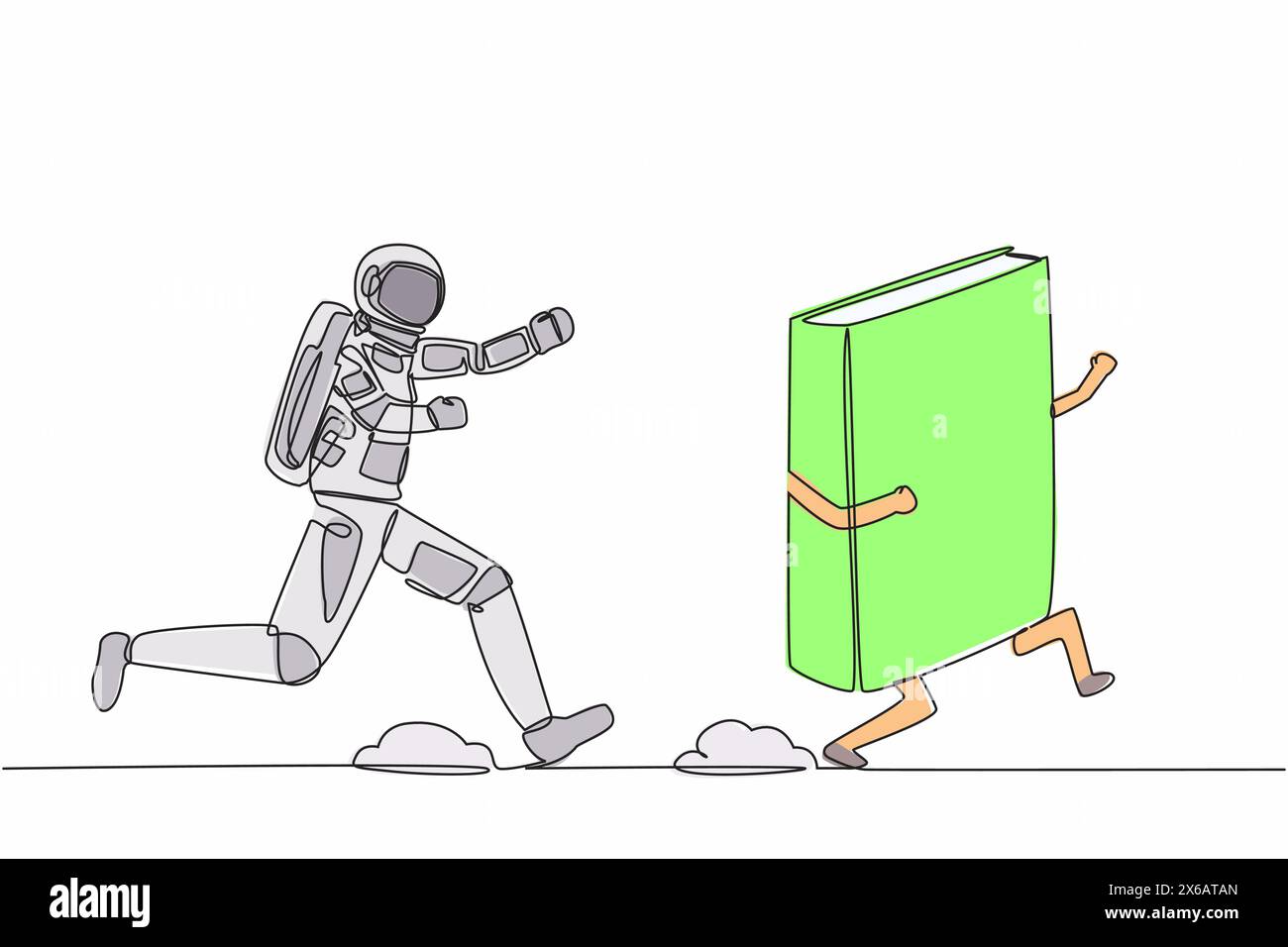 Single continuous line drawing of young astronaut run chasing textbook ...