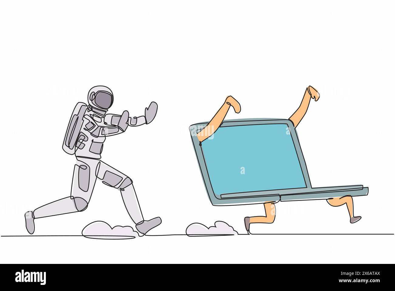 Single one line drawing of young astronaut chasing laptop computer in ...