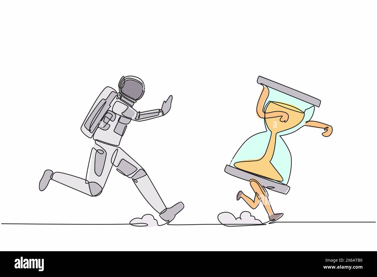 Single one line drawing young astronaut chasing hourglass in moon ...