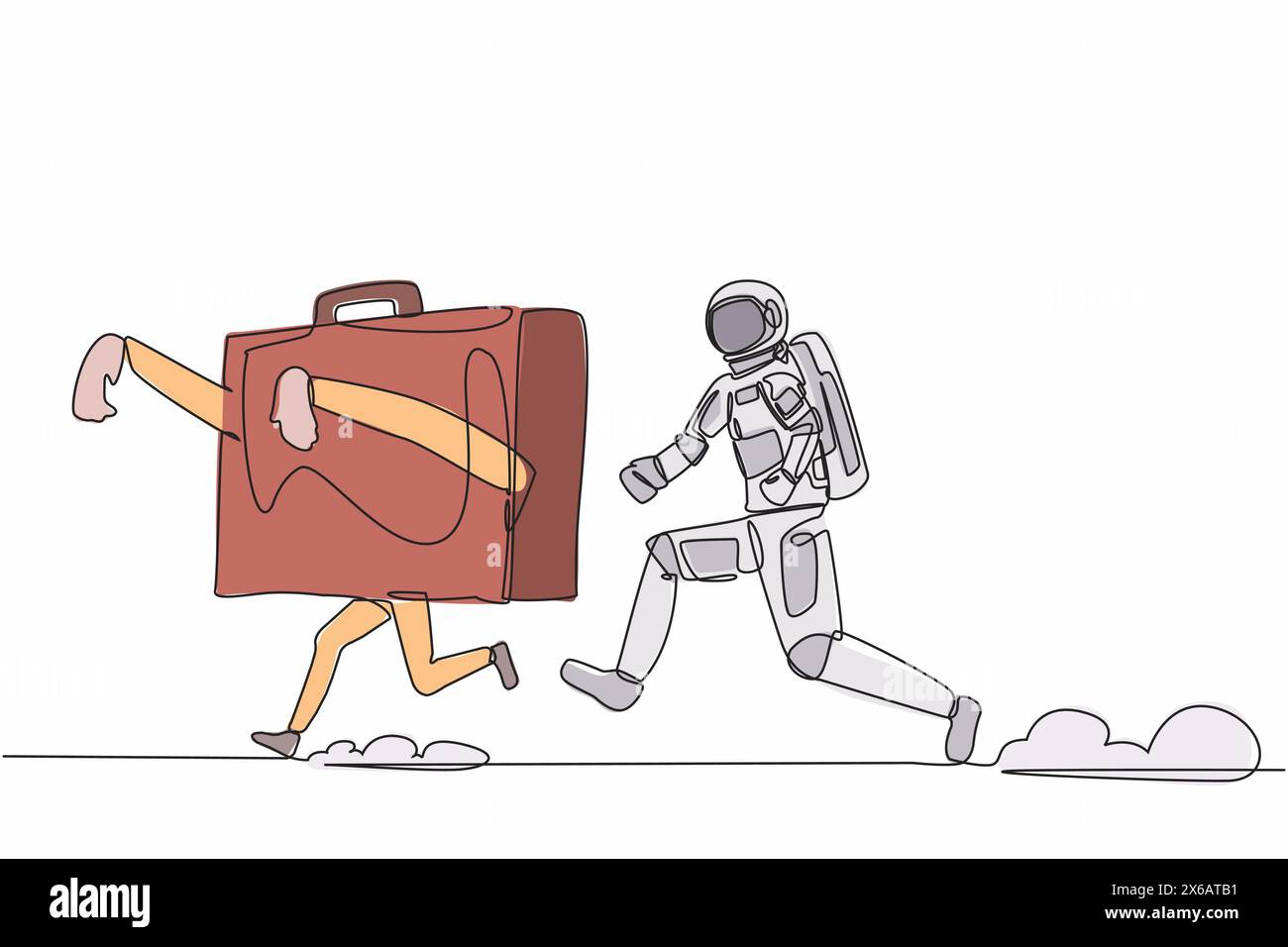 Continuous one line drawing of young astronaut running chasing ...
