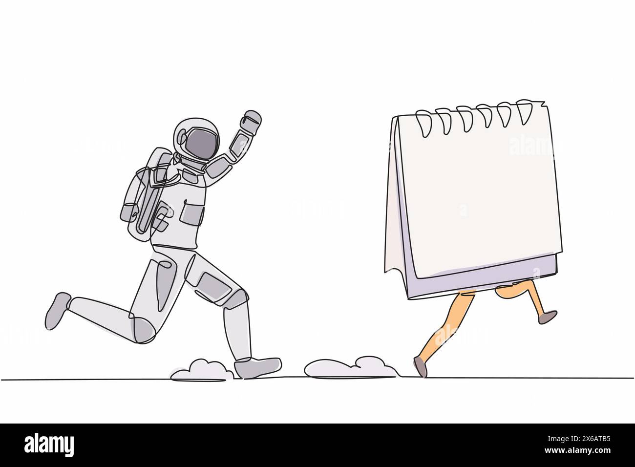 Single one line drawing young astronaut chasing calendar in moon ...