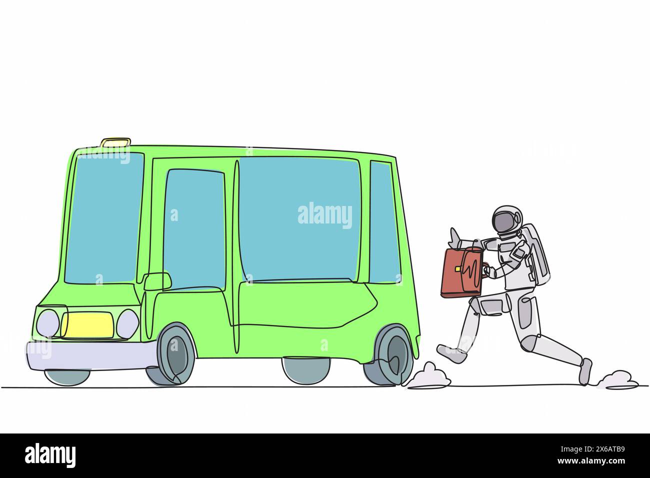 Single continuous line drawing of young astronaut run chasing bus in ...