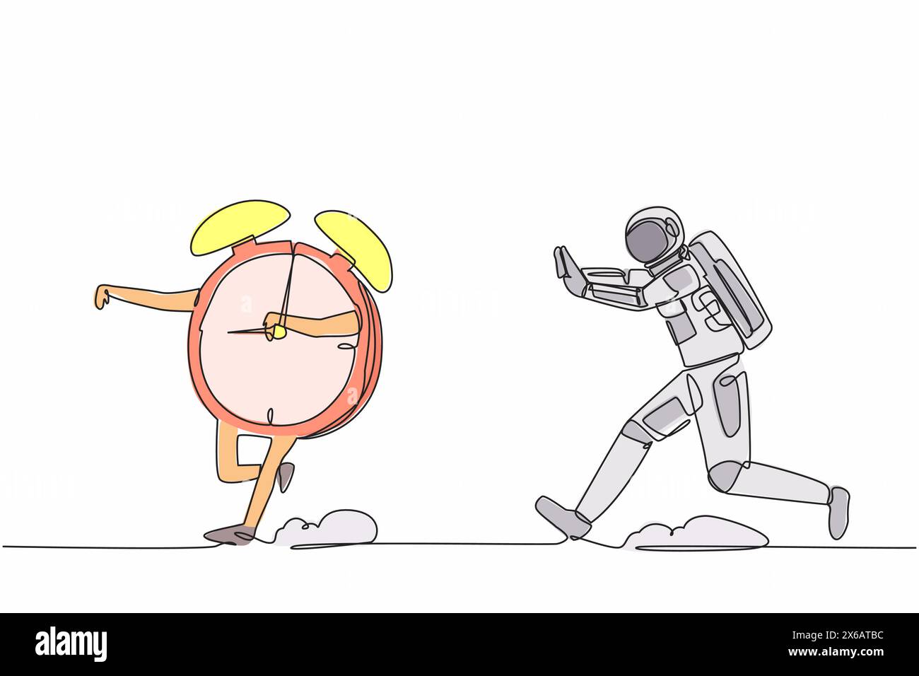 Single continuous line drawing young astronaut chasing alarm clock in ...