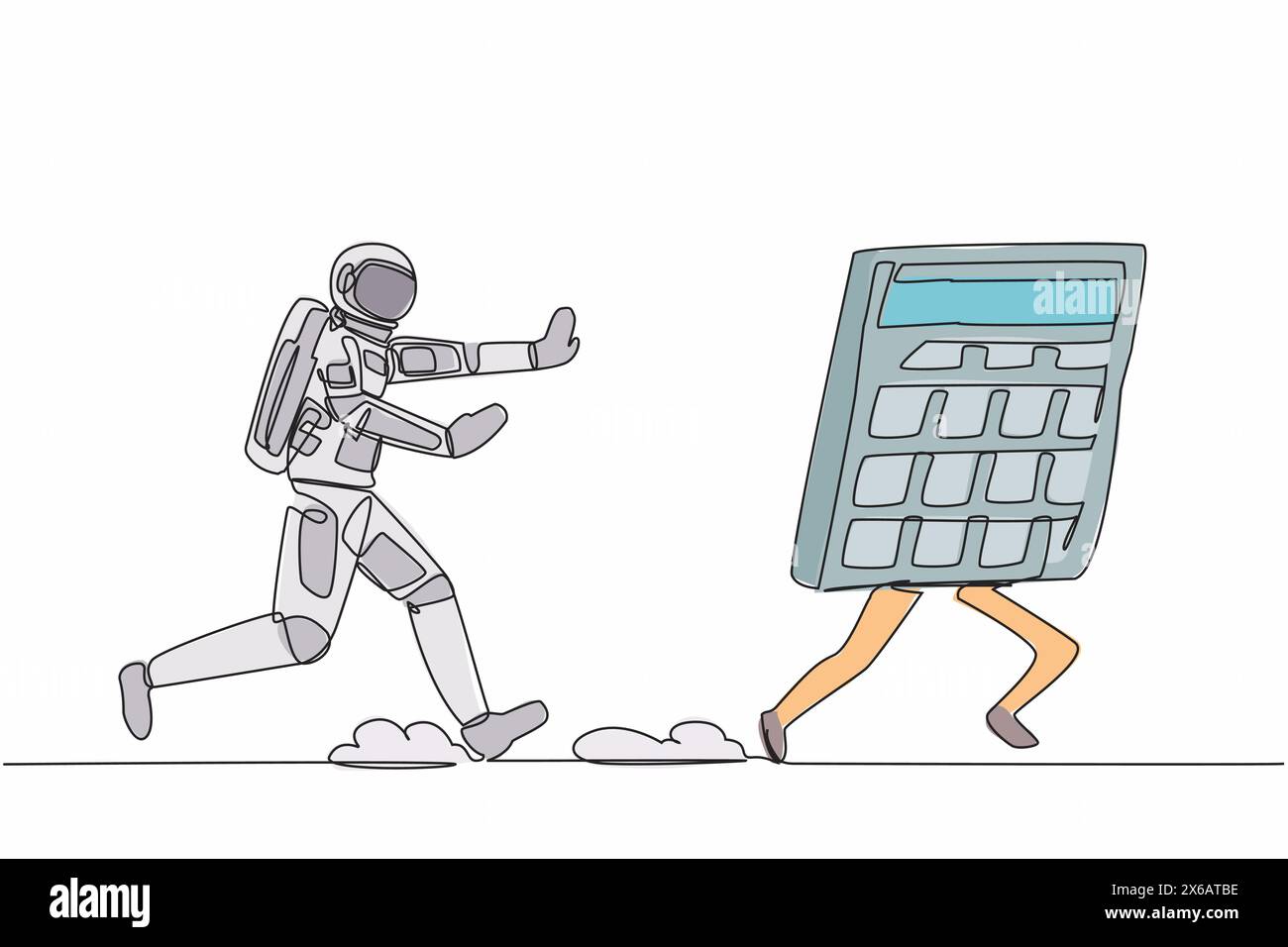 Single one line drawing young astronaut chasing calculator in moon ...