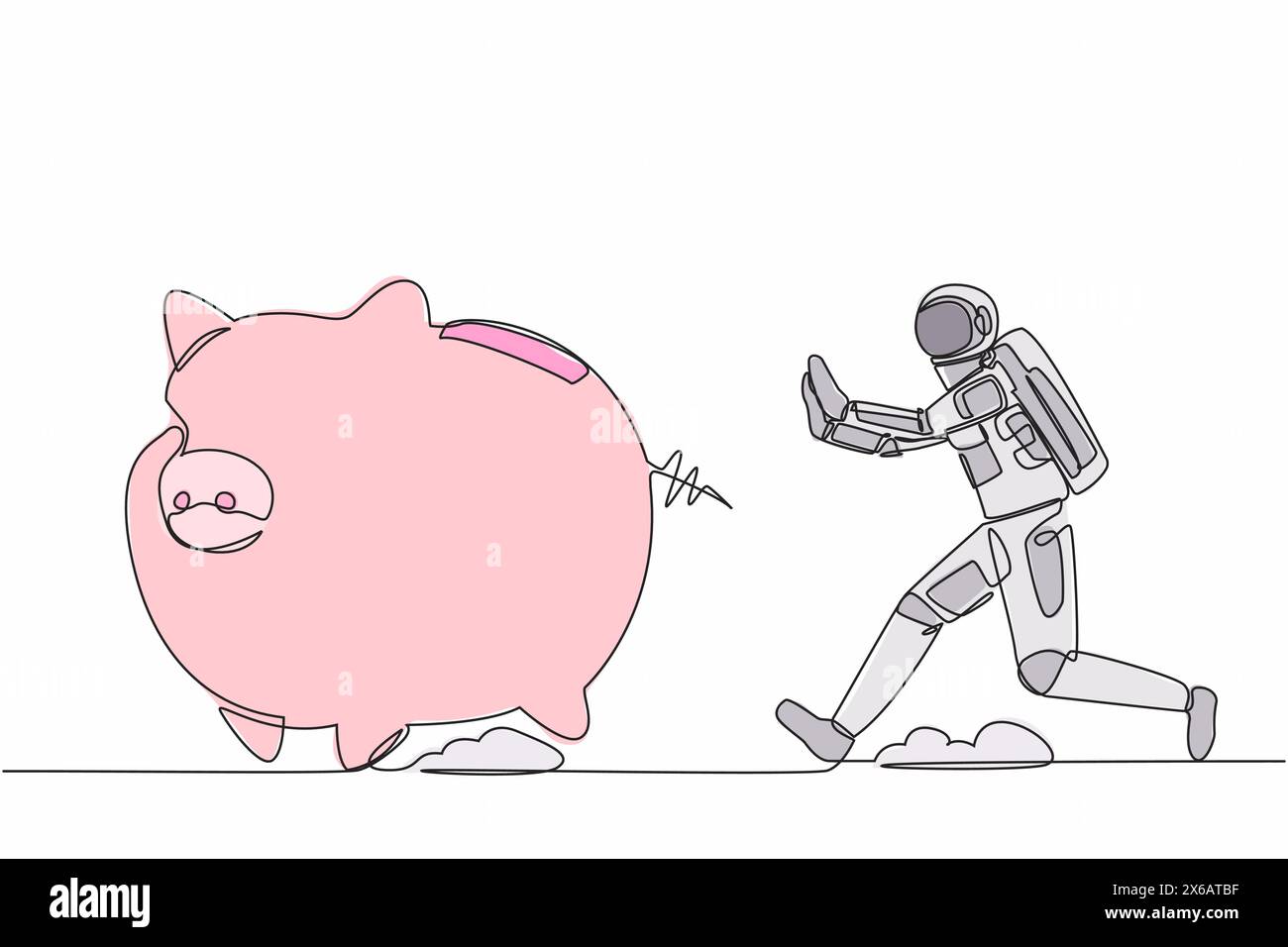 Single one line drawing young astronaut chase piggy bank in moon ...