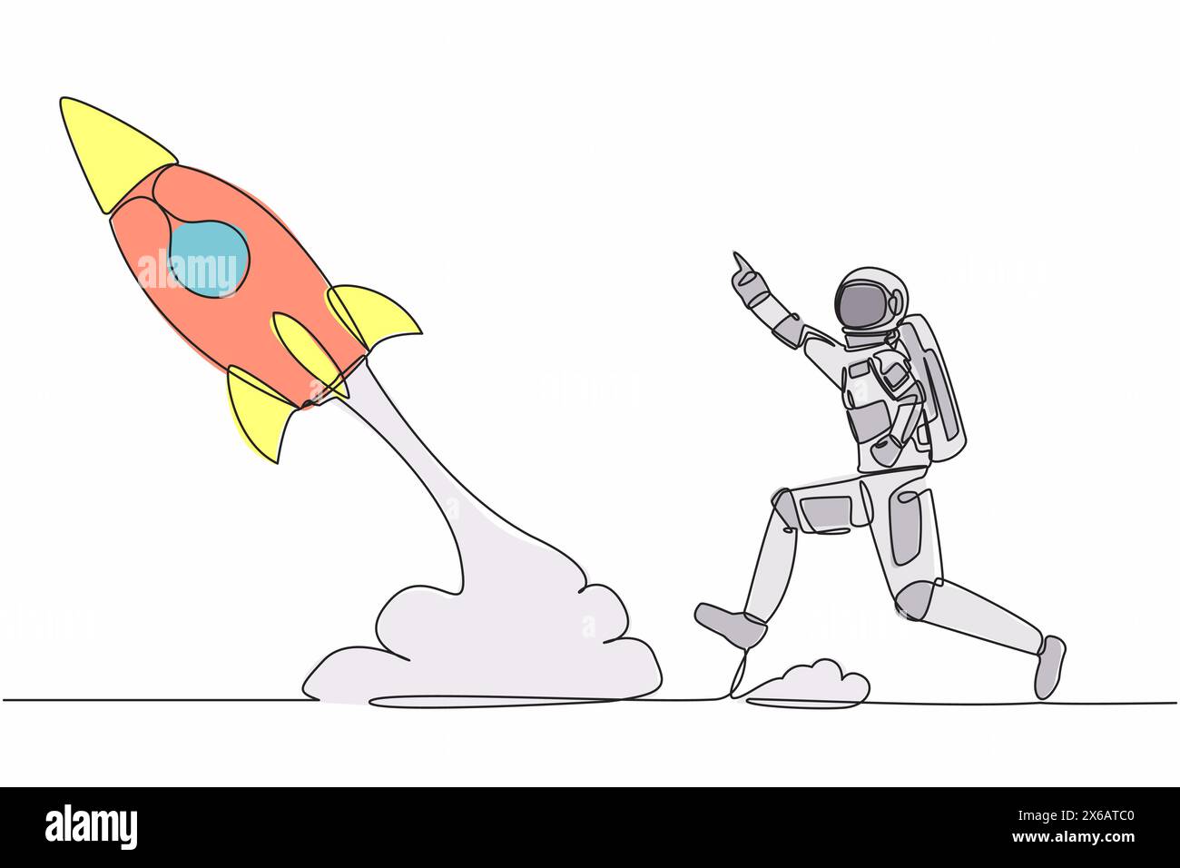 Continuous one line drawing young astronaut run chasing rocket take off ...