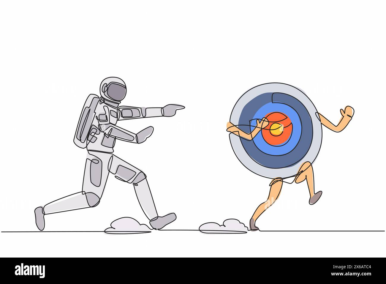 Continuous one line drawing young astronaut chase dartboard target in ...