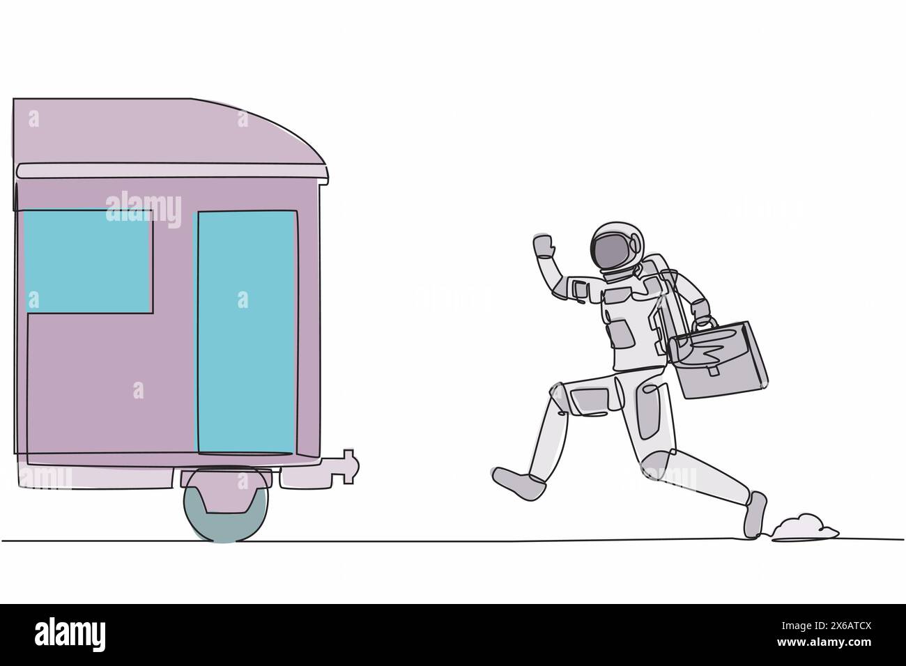 Continuous one line drawing of young astronaut run chasing train in moon surface. Transport ...