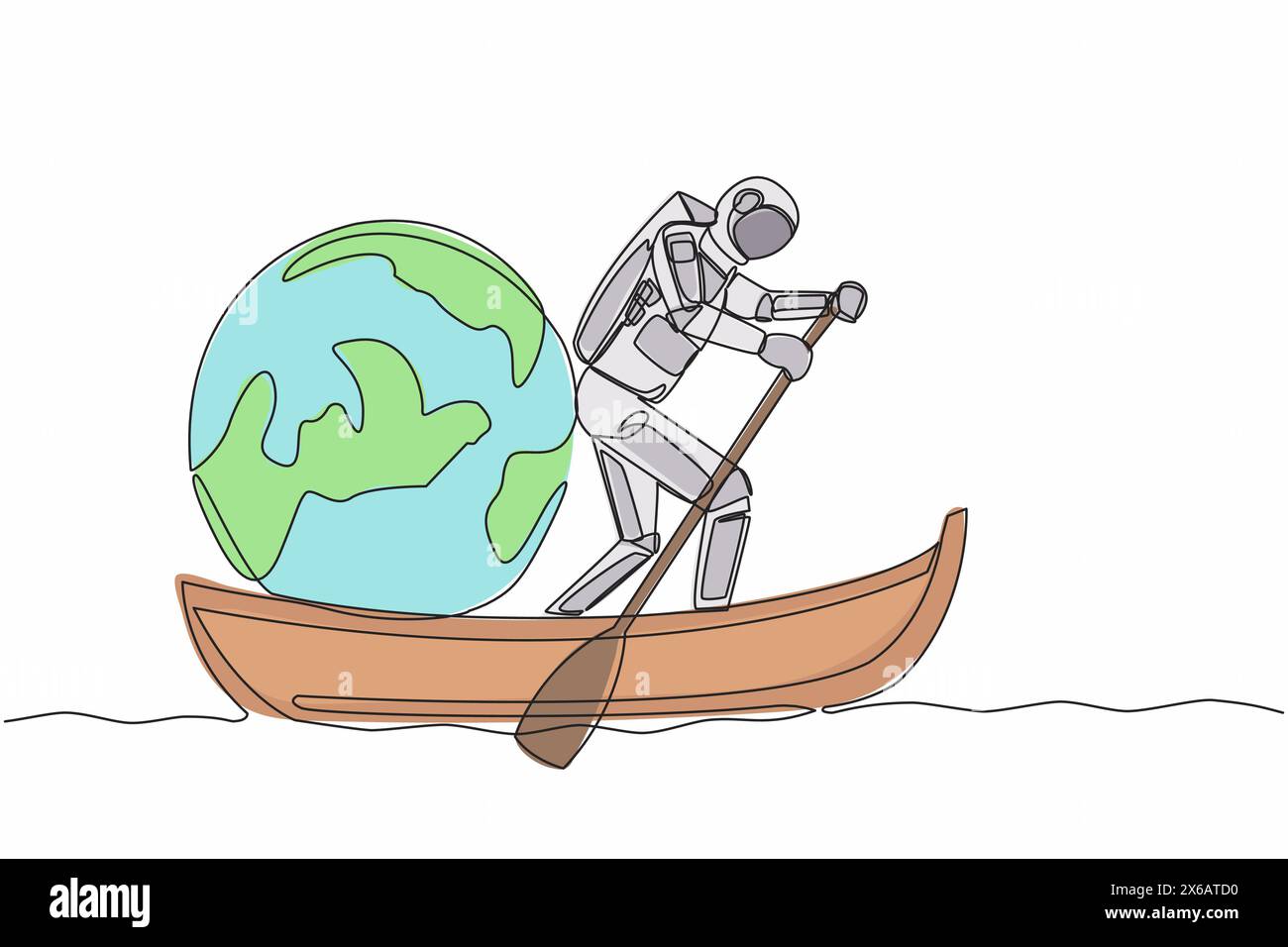 Continuous one line drawing young astronaut sailing away on boat with ...