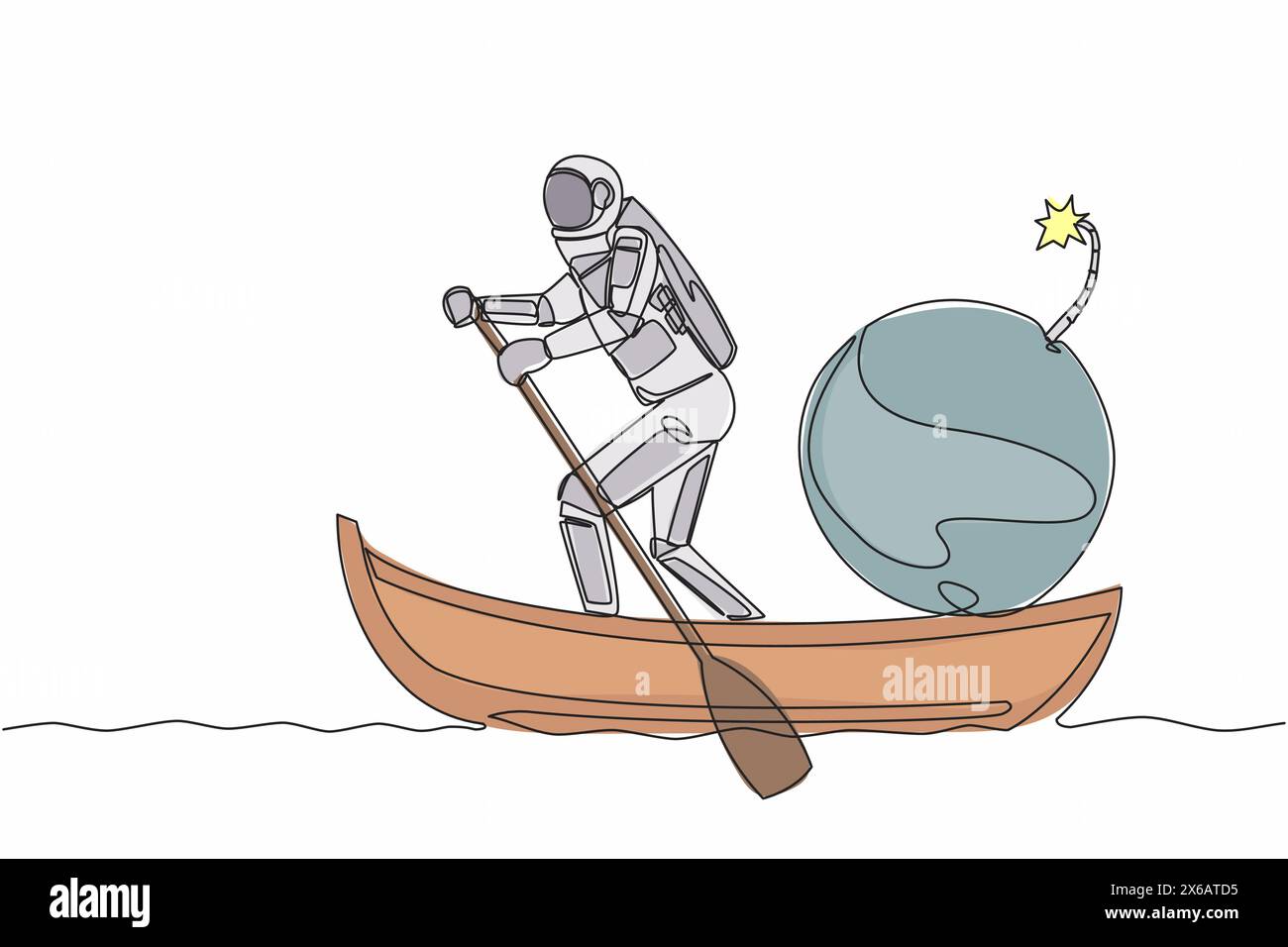 Single continuous line drawing astronaut sailing away on boat with bomb ...