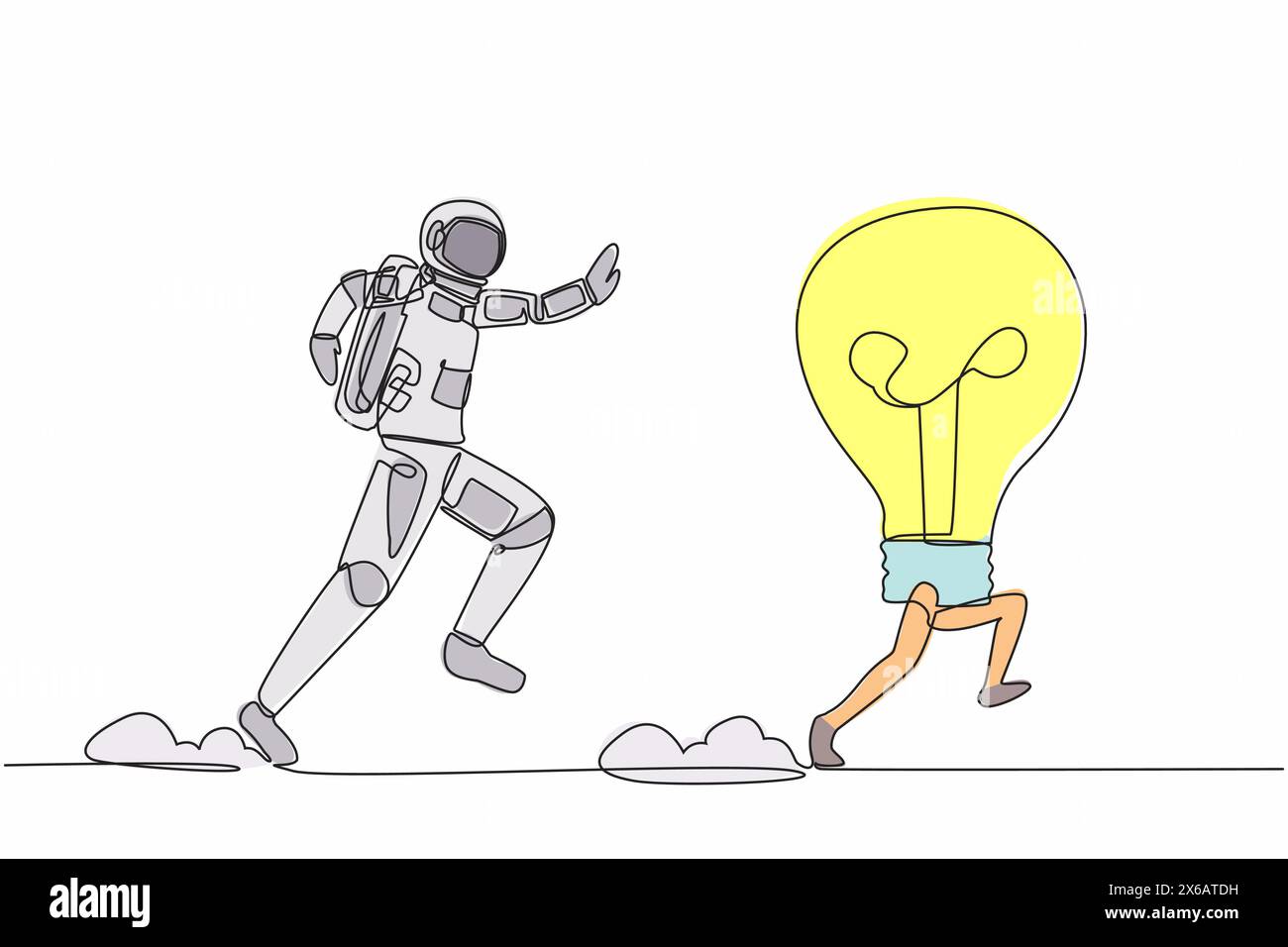 Single continuous line drawing of young astronaut chasing light bulb in ...