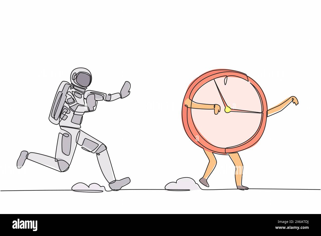 Single one line drawing young astronaut chase clock time in moon ...