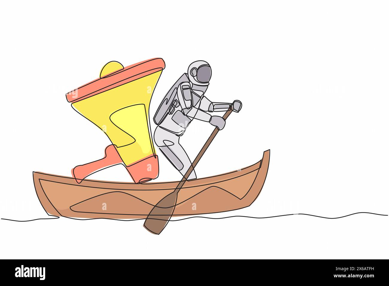 Single continuous line drawing young astronaut sailing away on boat ...