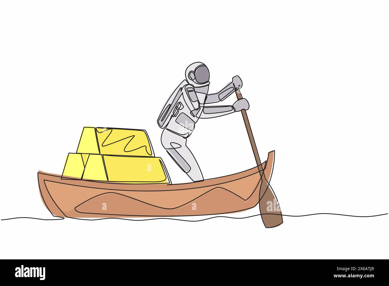 Single continuous line drawing young astronaut sailing away on boat ...