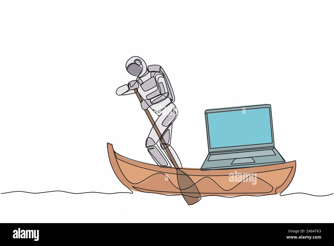 Single continuous line drawing astronaut sailing away on boat with ...