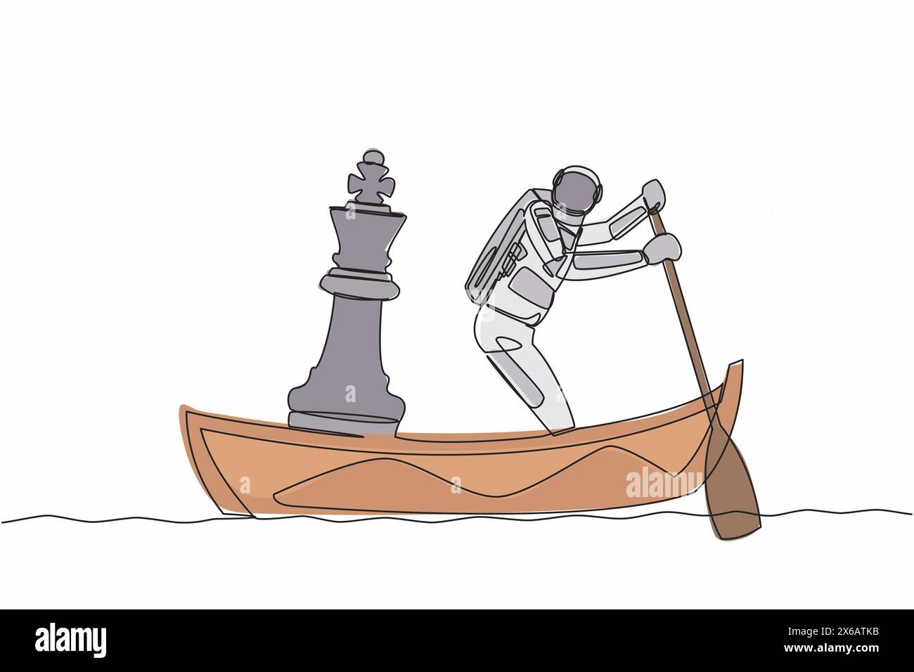 Single one line drawing astronaut sailing away on boat with chess king ...