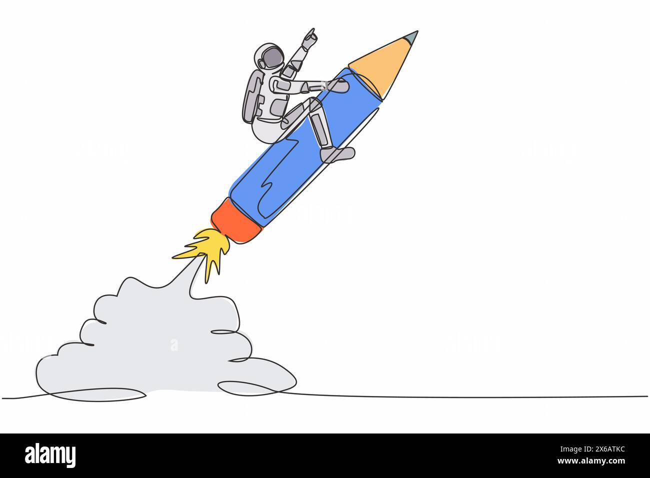 Single continuous line drawing young astronaut riding pencil rocket ...