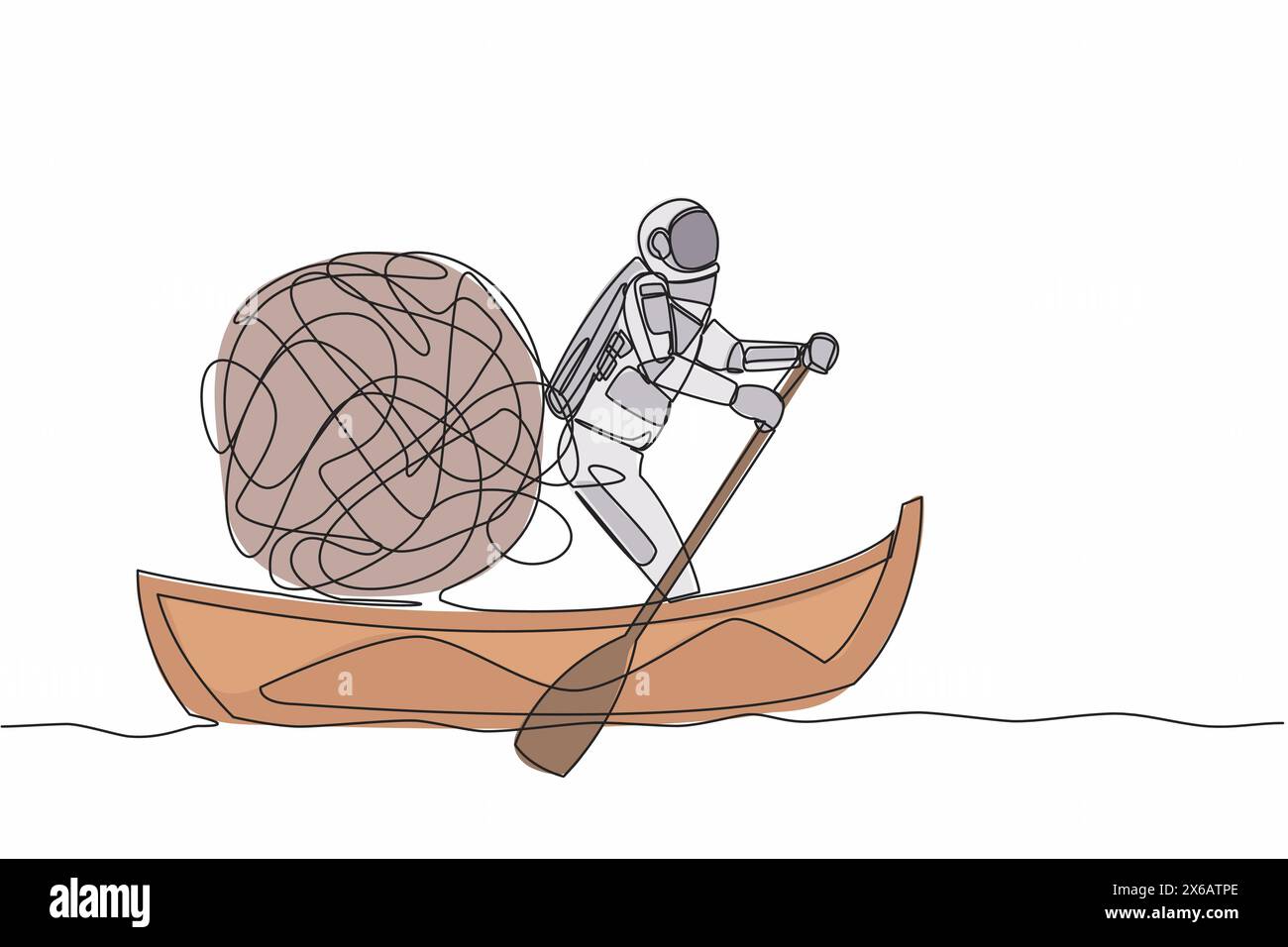 Single one line drawing of astronaut sailing away on boat with messy ...