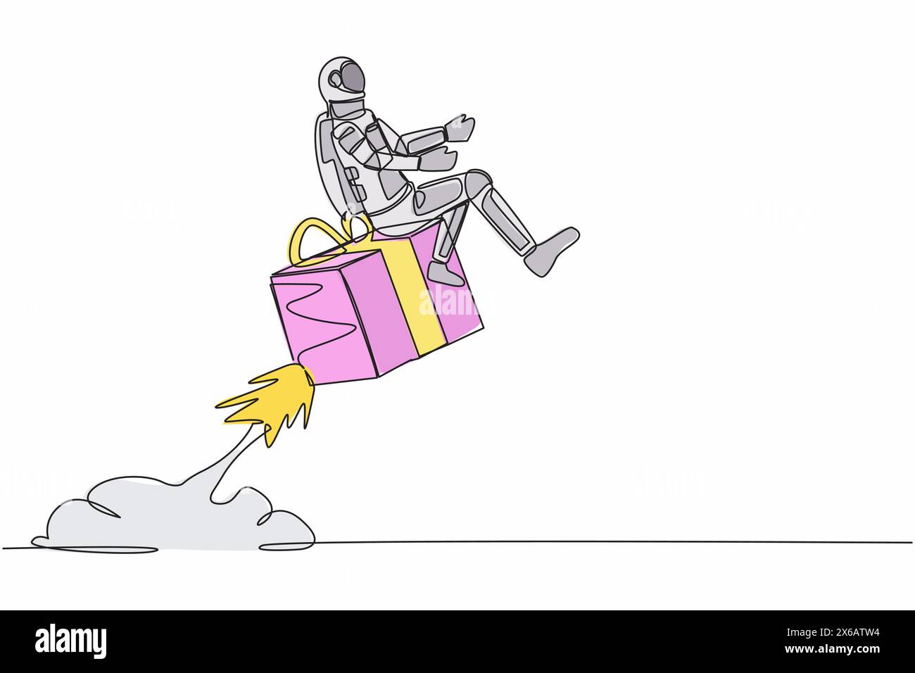 Single continuous line drawing of young astronaut riding gift box ...