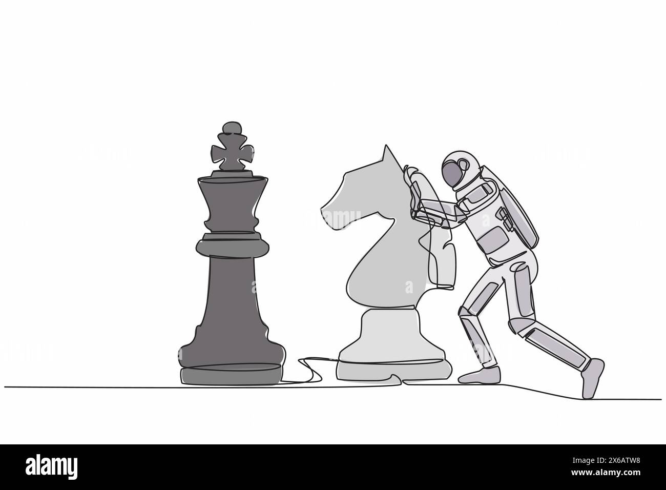 Continuous one line drawing of young astronaut push huge knight horse chess piece to take down ...