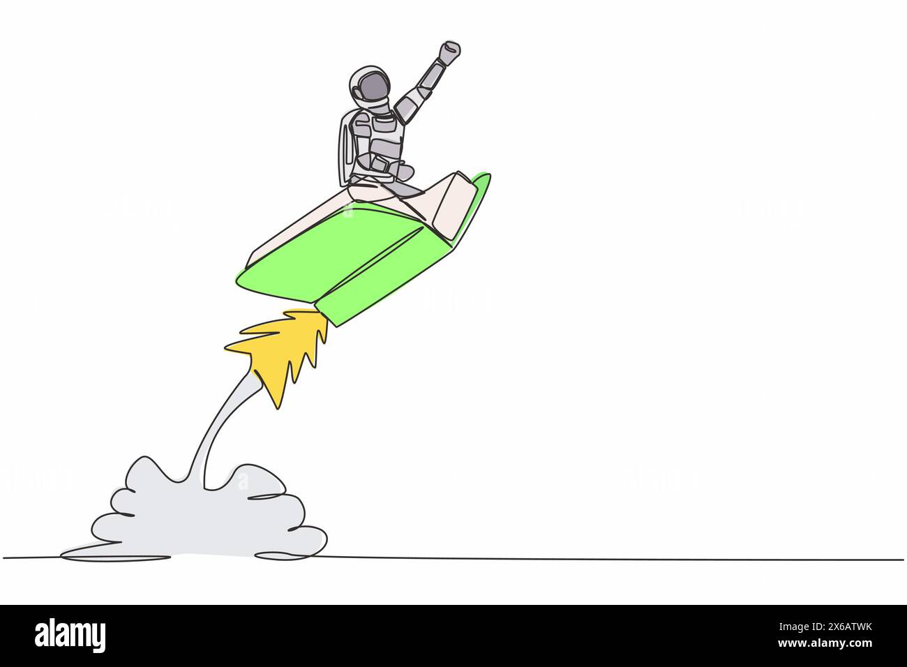 Single one line drawing young astronaut riding book rocket flying in ...
