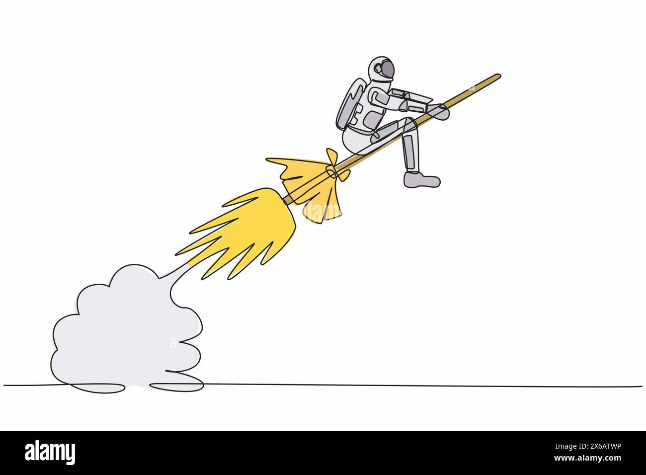 Continuous one line drawing of young astronaut riding magic broom ...