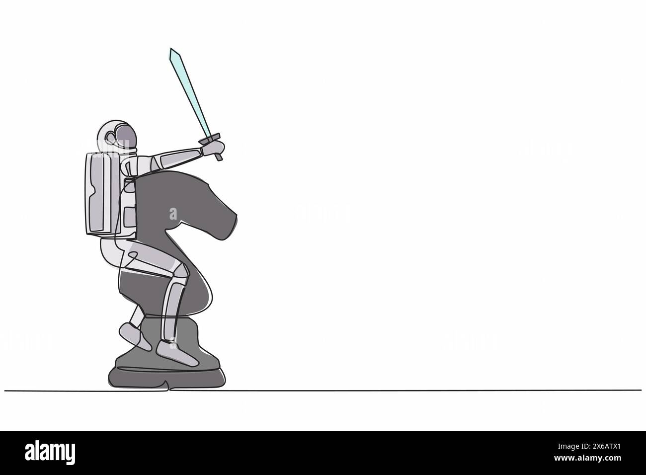 Single continuous line drawing young astronaut riding big chess horse ...
