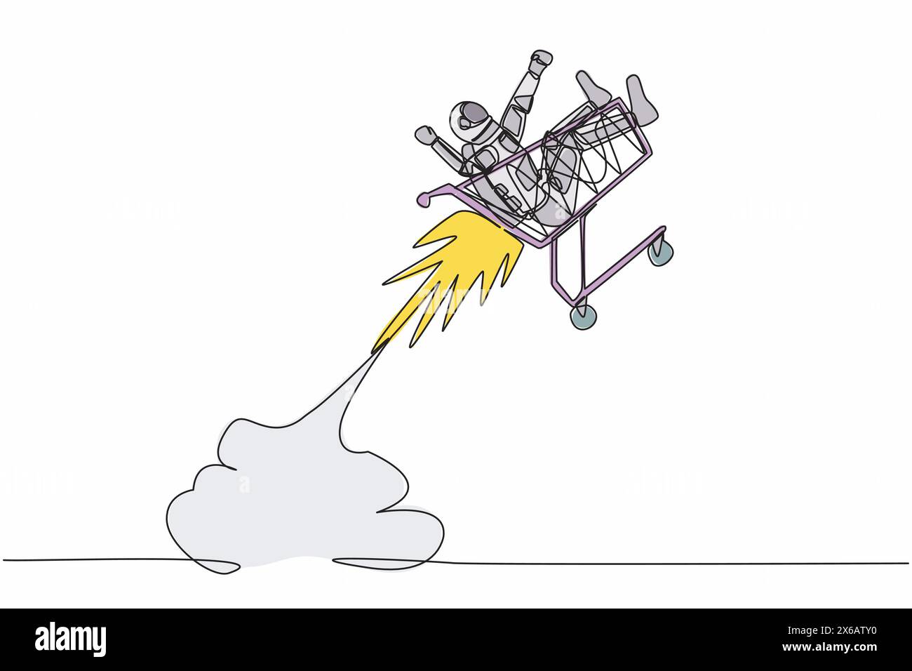 Single continuous line drawing young astronaut riding shopping trolley ...
