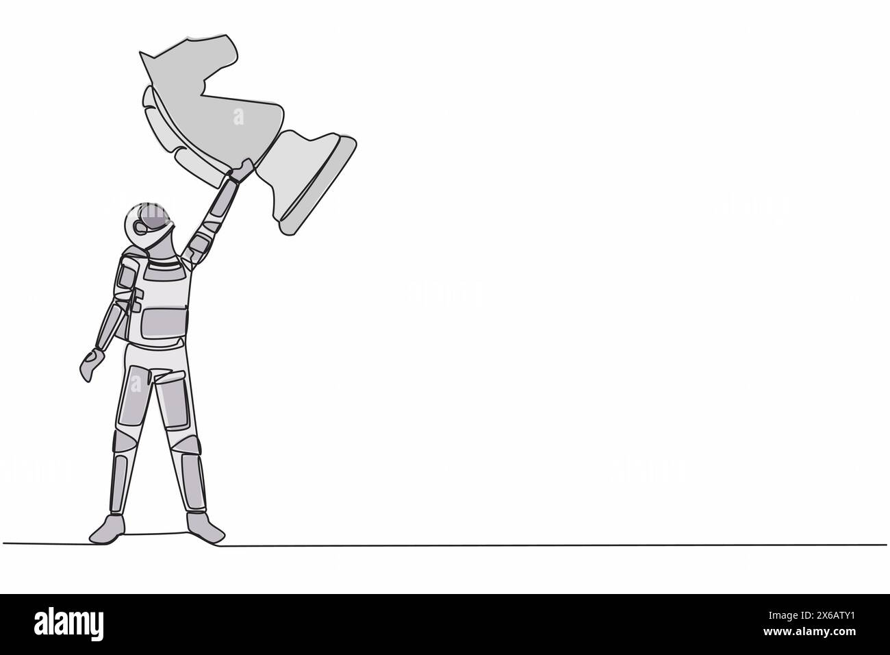 Single continuous line drawing of astronaut lifting up horse knight chess piece in moon surface ...