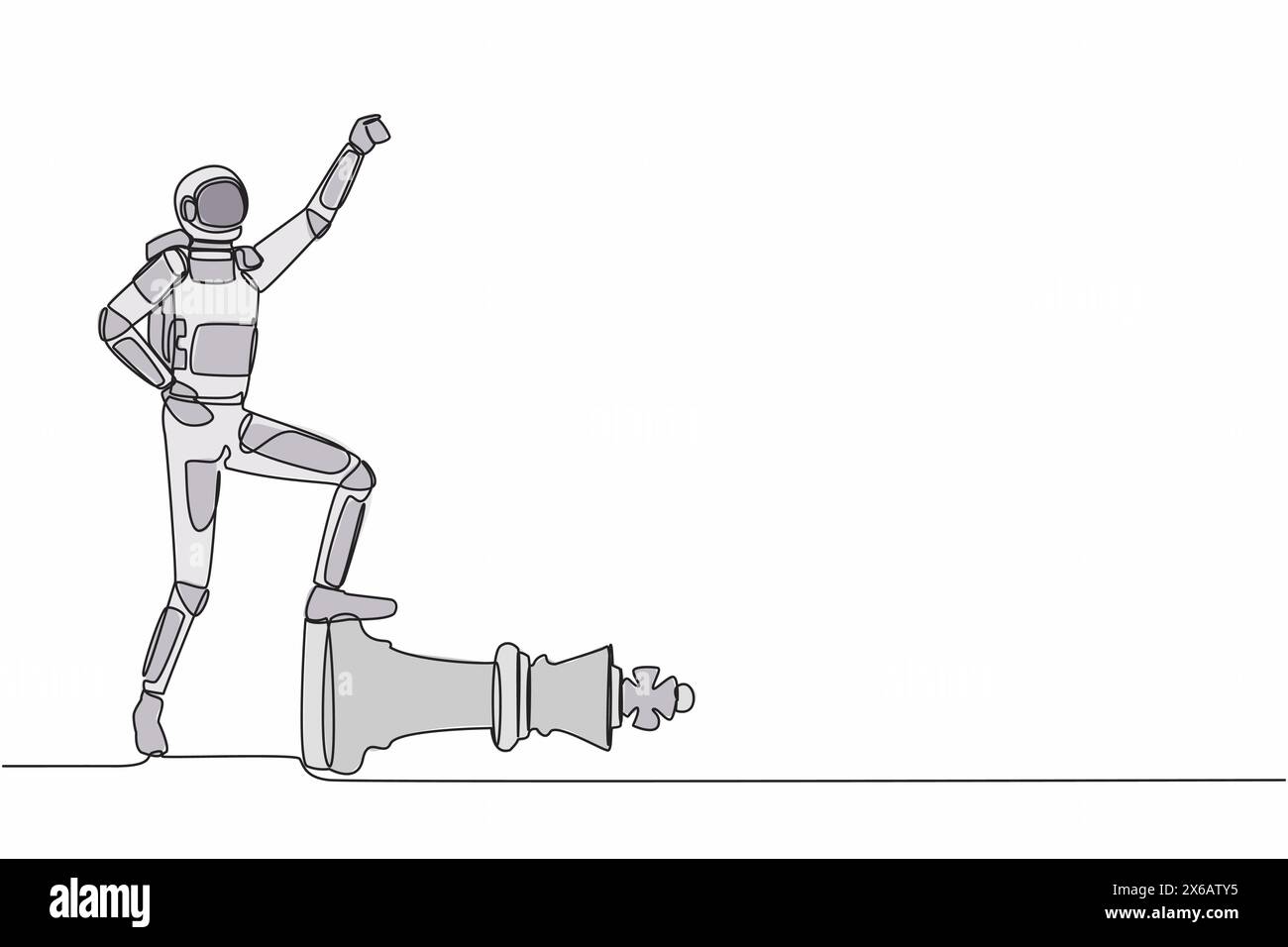 Continuous one line drawing astronaut clench fist up and step on chess king piece in moon ...