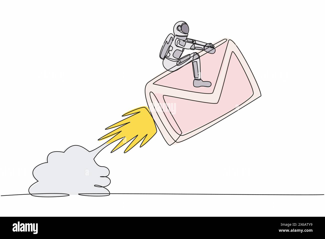 Single continuous line drawing astronaut riding paper envelope rocket ...