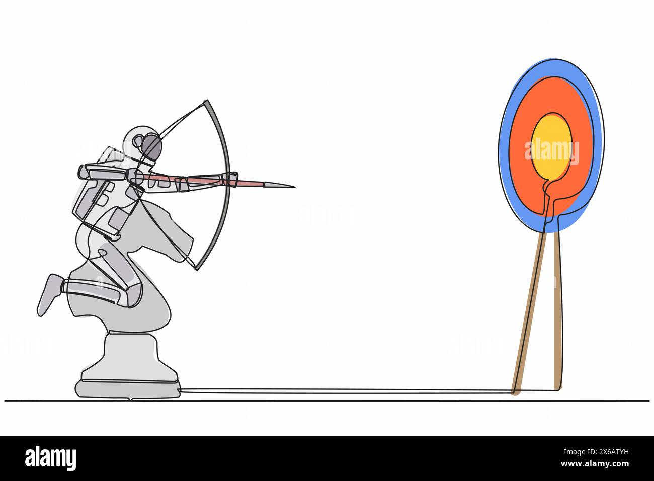 Single one line drawing astronaut holding arrow and aiming target while riding chess knight ...