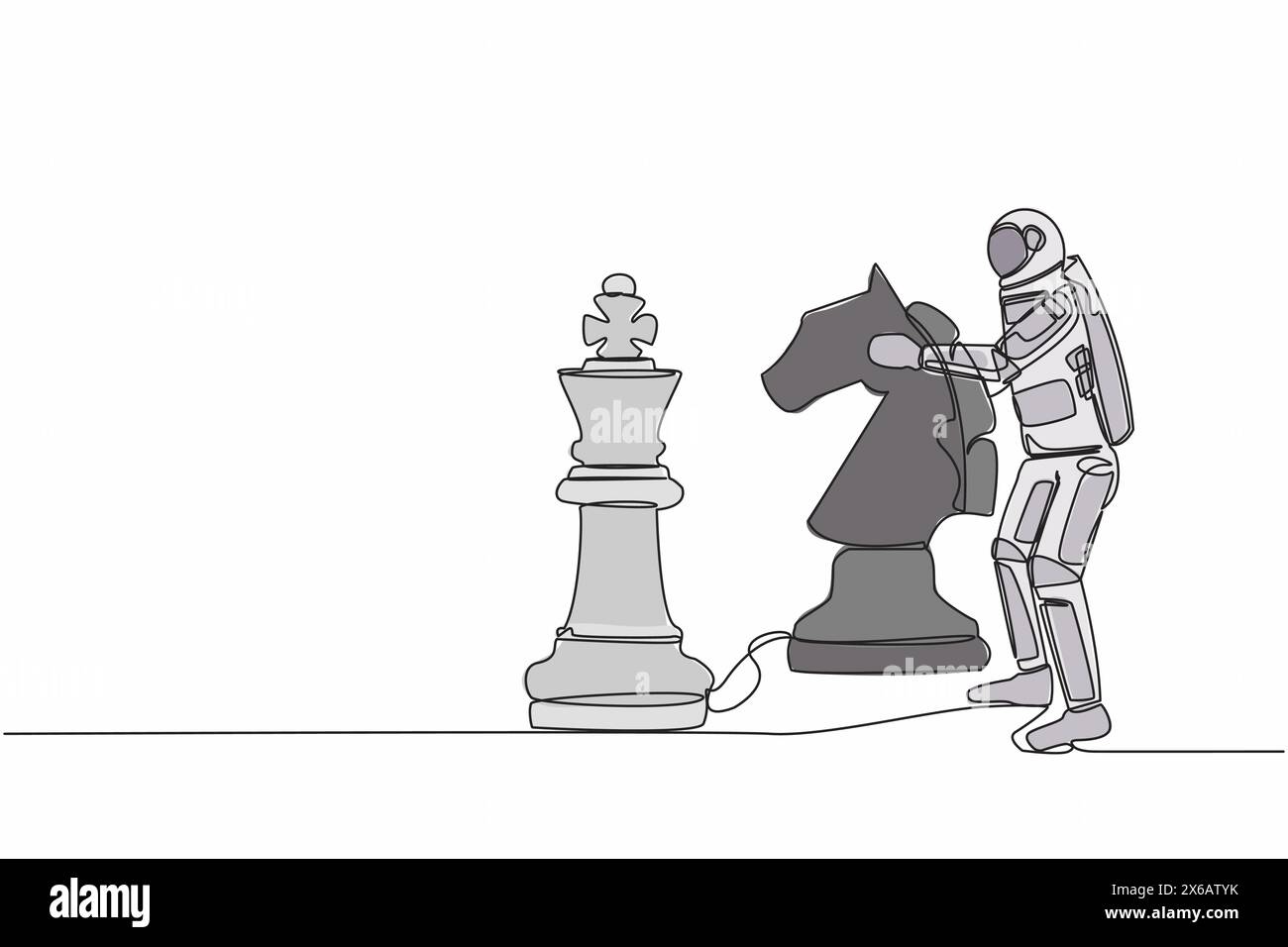 Single continuous line drawing young astronaut holding horse knight chess piece to beat king ...
