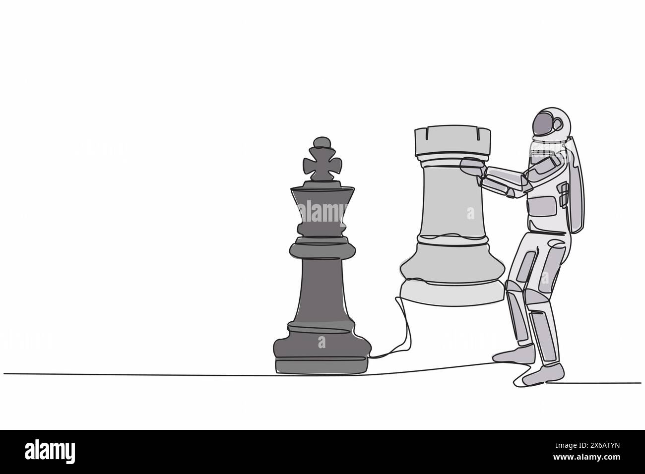 Single one line drawing astronaut holding rook chess piece to beat king ...