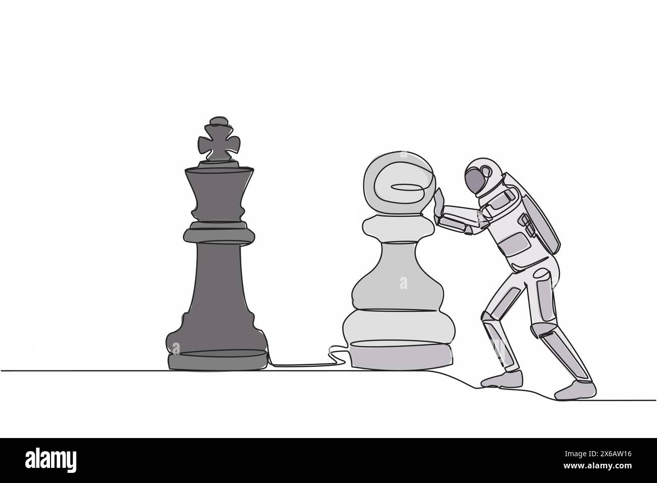 Continuous one line drawing astronaut push huge pawn chess piece to take down king. Big dreams ...