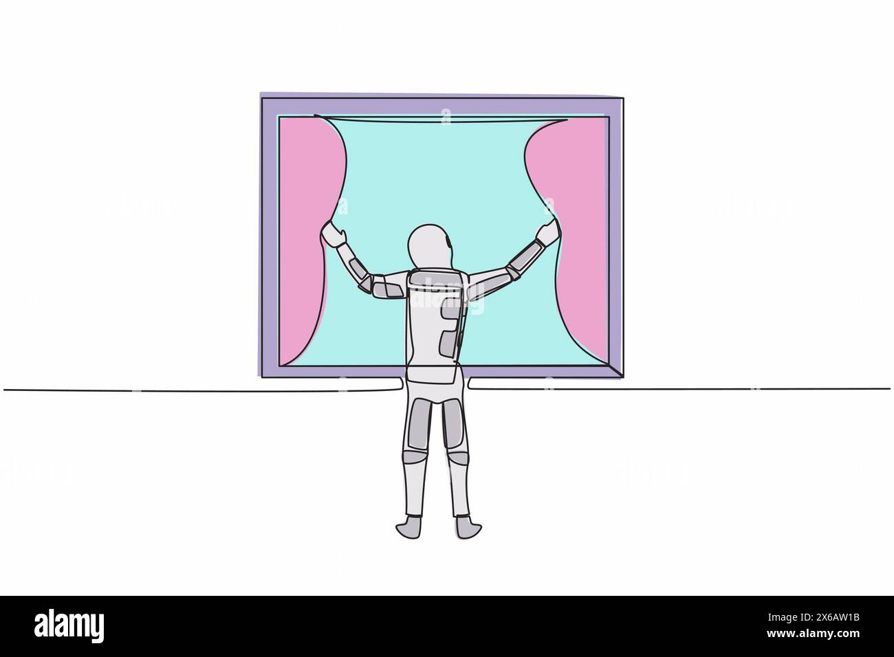 Single continuous line drawing young astronaut opening window curtains ...