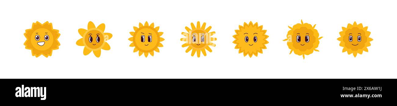 Set yellow happy sun with face. Isolated groovy Vector. Cute comic ...