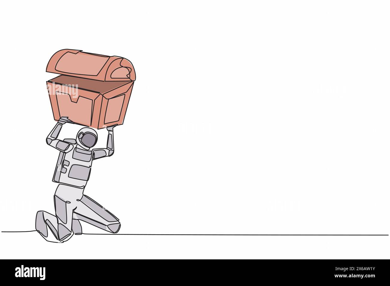 Single one line drawing young astronaut carrying heavy treasure chest ...