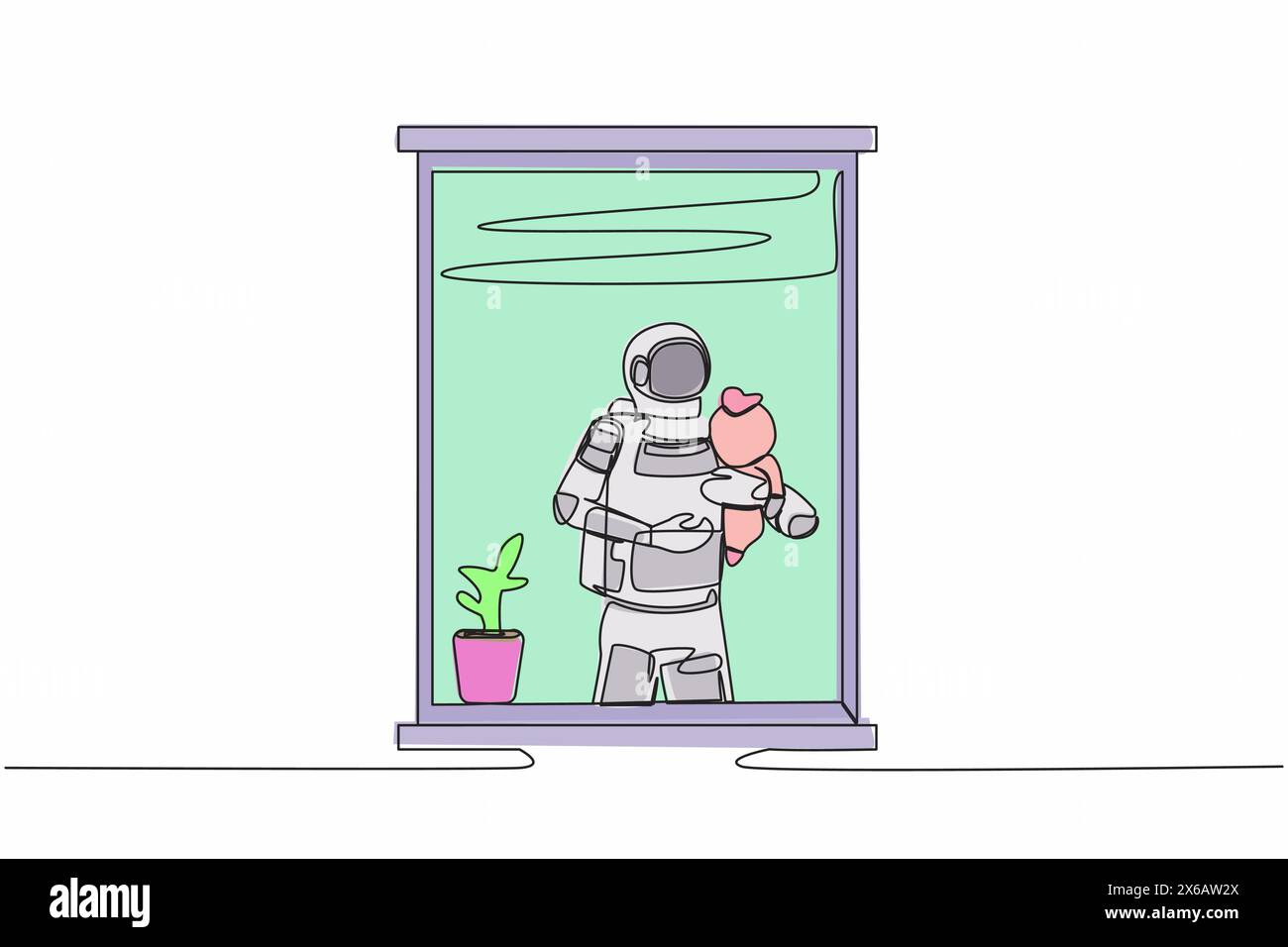 Single continuous line drawing young astronaut holding newborn baby ...
