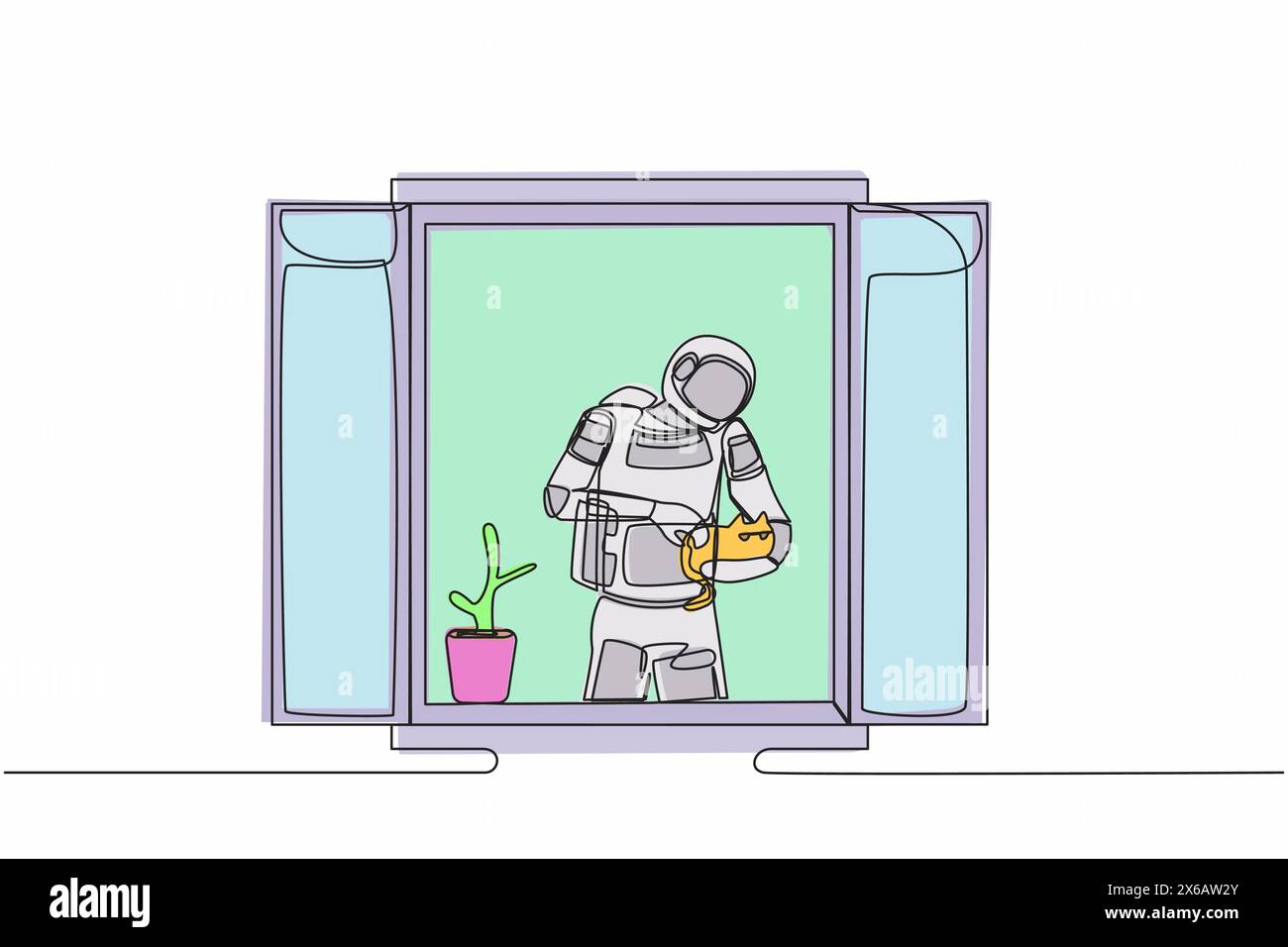 Continuous one line drawing young astronaut with houseplant holding cat ...