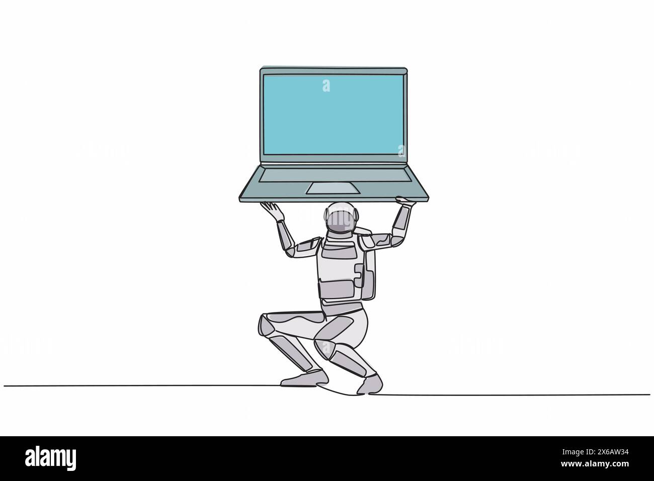 Single continuous line drawing astronaut carrying heavy laptop computer ...