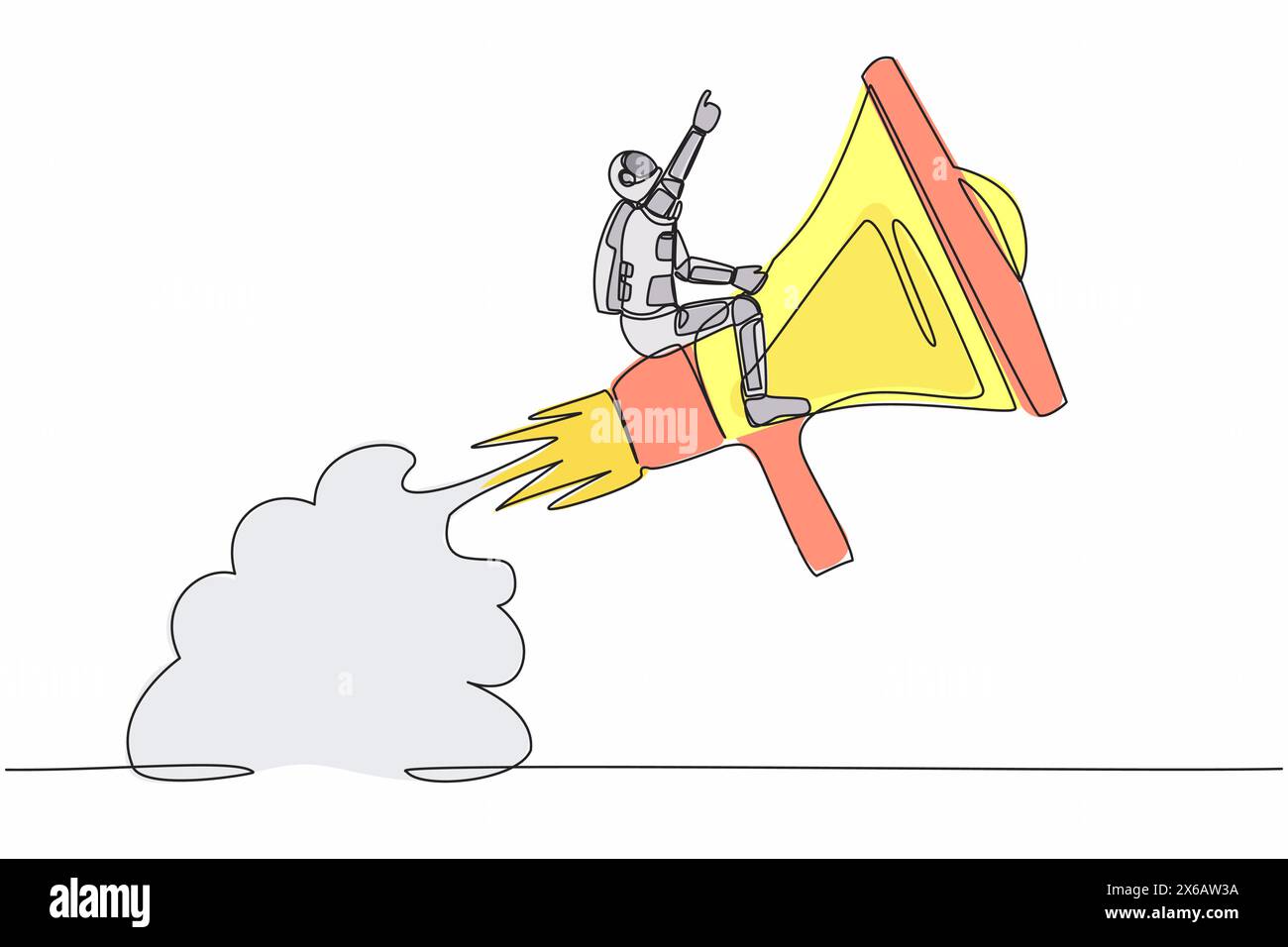 Single one line drawing astronaut riding megaphone rocket flying in ...