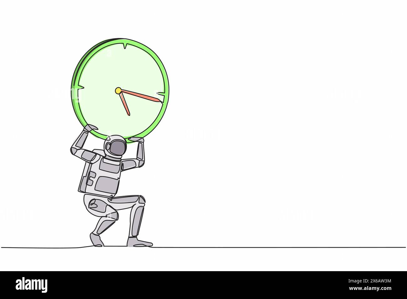 Continuous one line drawing young astronaut carrying heavy clock on his ...
