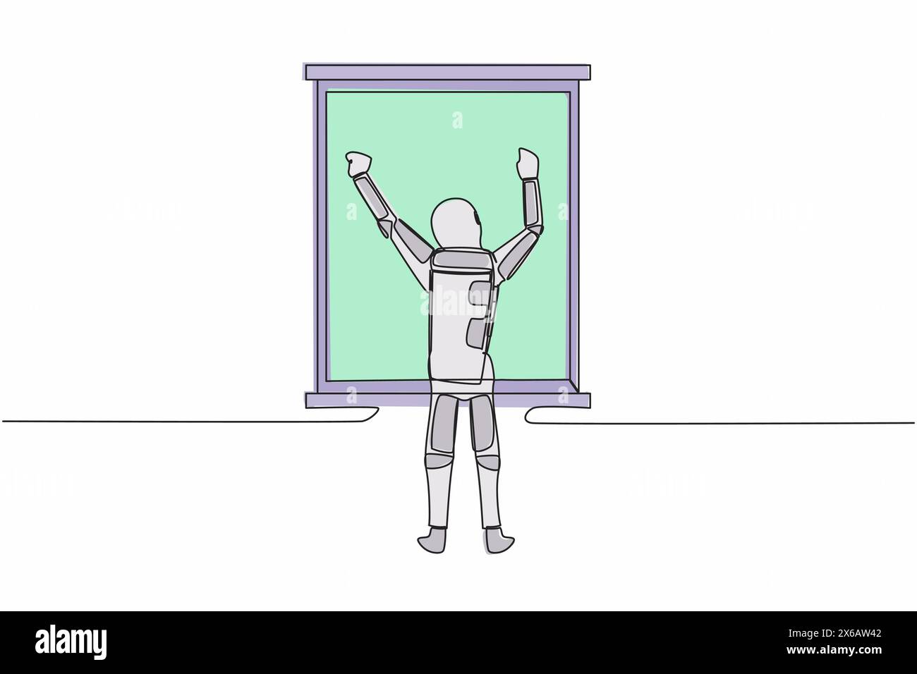 Single one line drawing back view relaxed young astronaut stretching ...