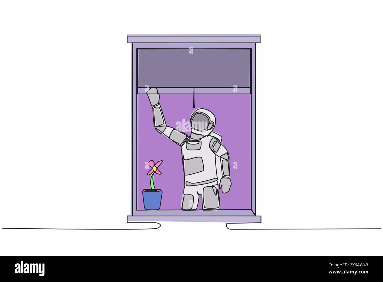 Single one line drawing young astronaut waving at window as look like ...